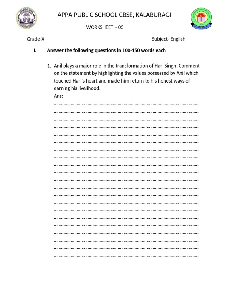 Grade 10 English Worksheet-05 | PDF