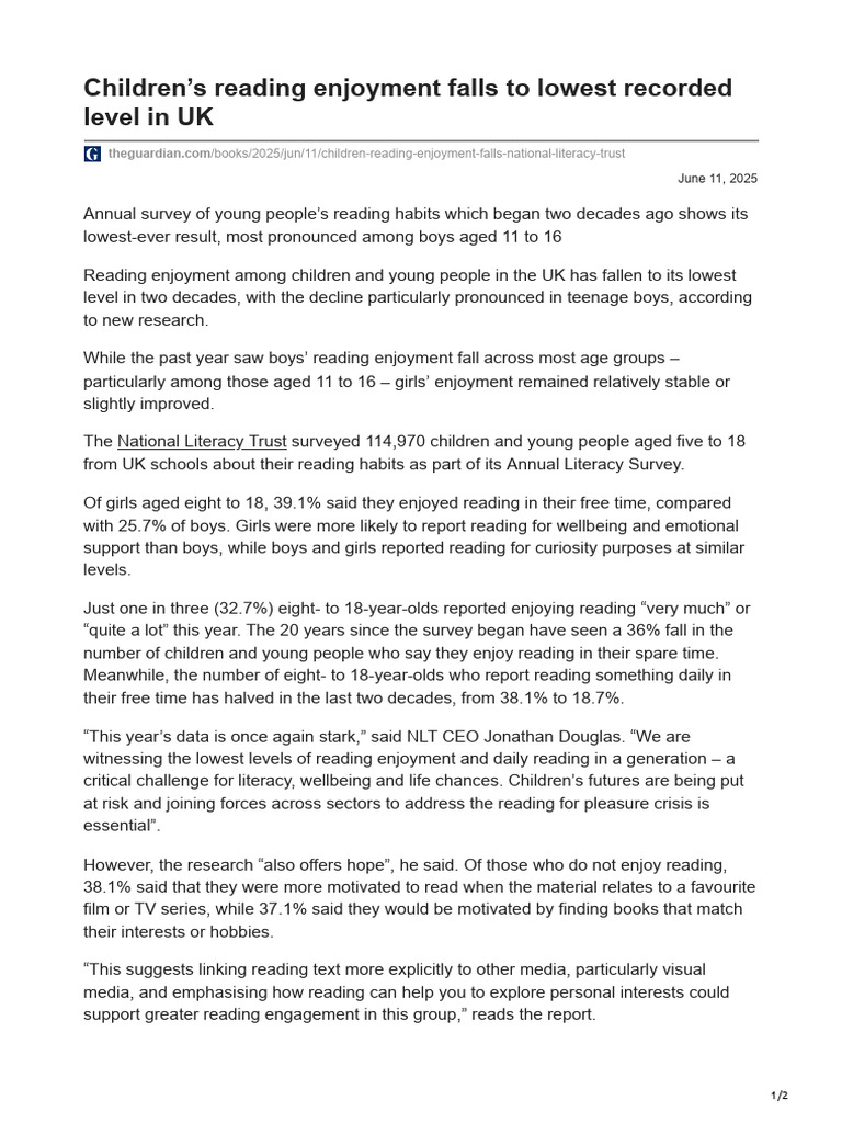 Childrens Reading Enjoyment Falls To Lowest Recorded Level in UK | PDF ...