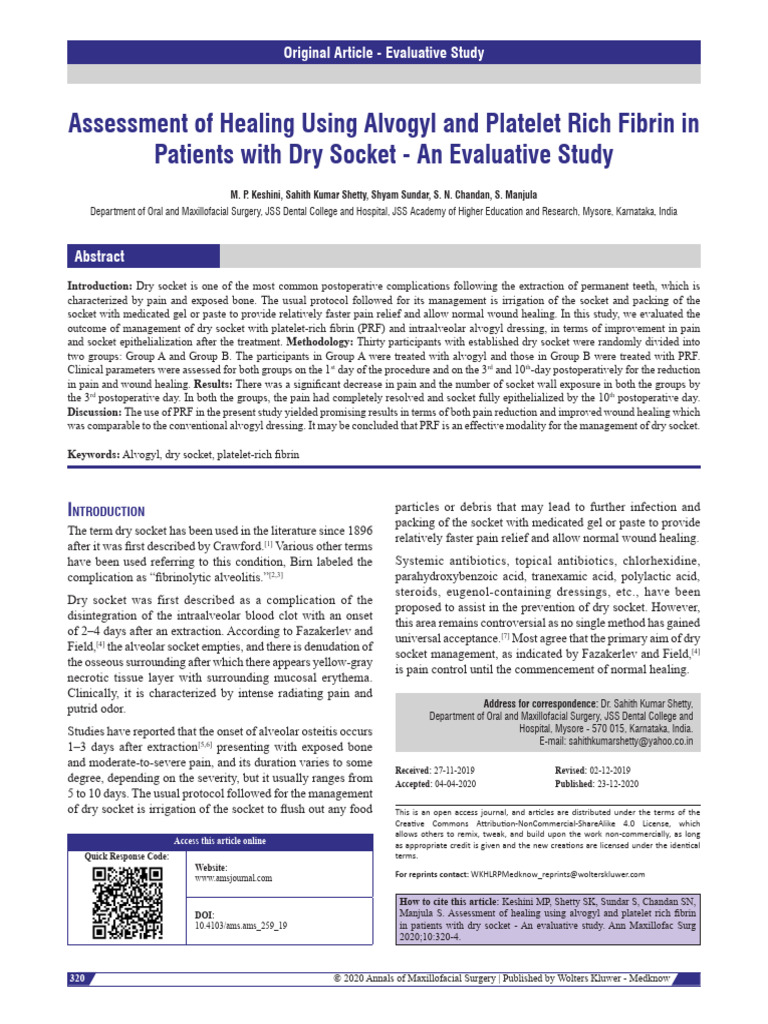 Alvogyl vs. PRF for Dry Socket Healing | PDF | Clinical Medicine ...