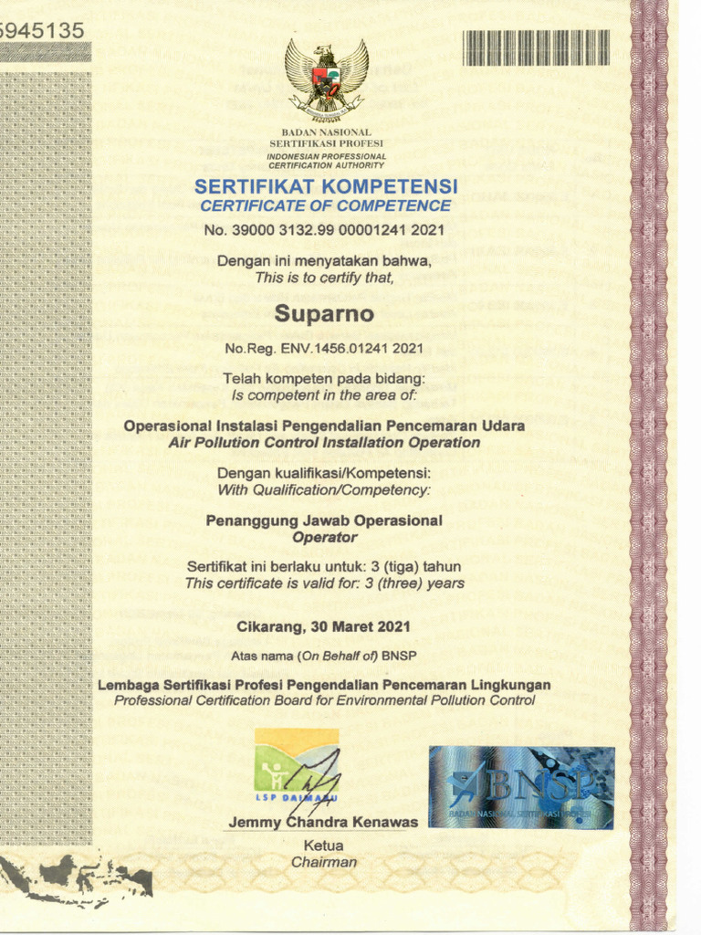 Sertifikat Operator PPU Suparno L B | PDF