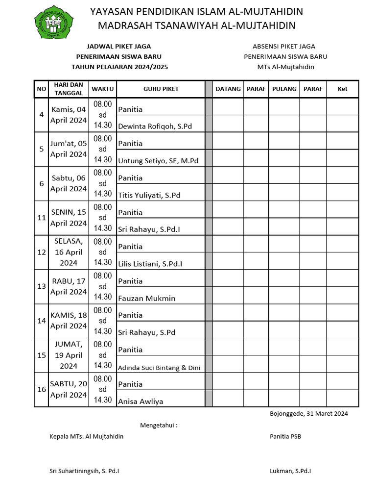 Jadwal Piket PSB 2024 - Absen Yang Jaga | PDF
