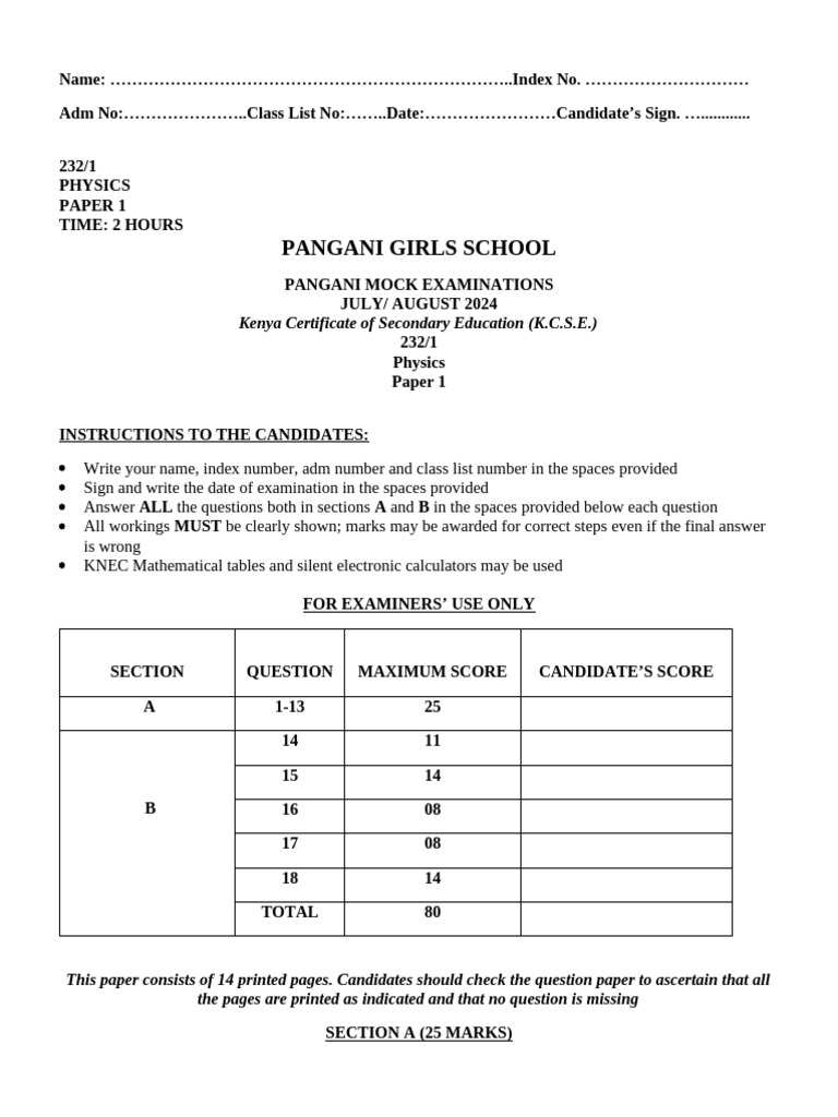 PHY - PP1 MOCK 2024 (AutoRecovered) | PDF | Classical Mechanics | Mechanical Engineering