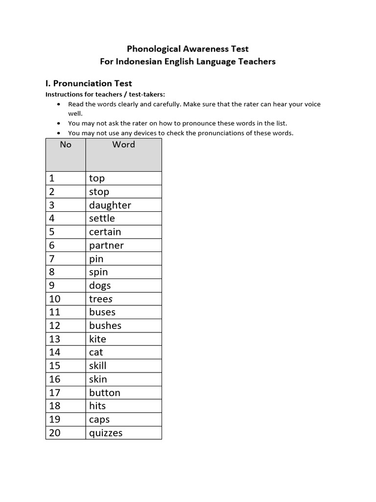 Phonemes and Allophones Pronounciation Test For English Teachers | PDF