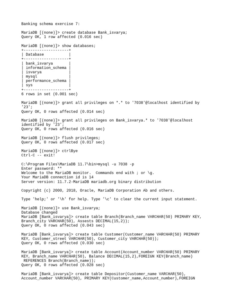 Banking Schema Exercise 7 | PDF | Databases | Information Retrieval