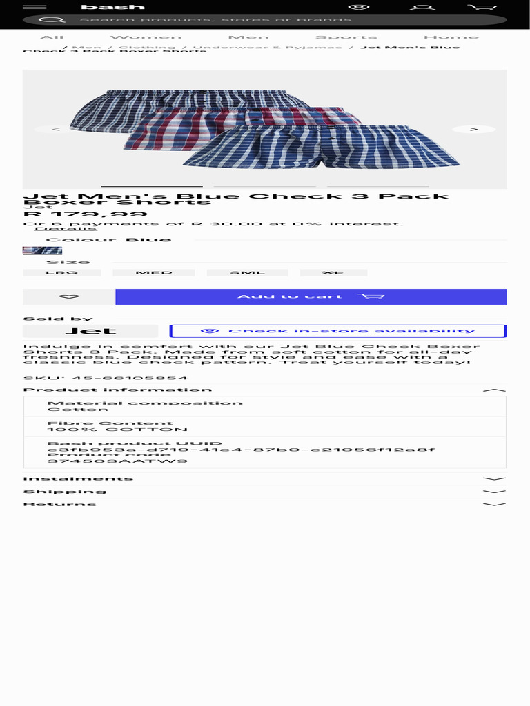 Jet Men's Blue Check 3 Pack Boxer Shorts | PDF