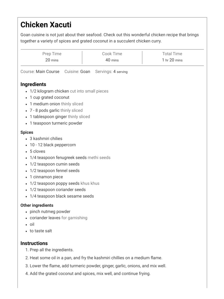 Chicken Xacuti - The Take It Easy Chef | PDF