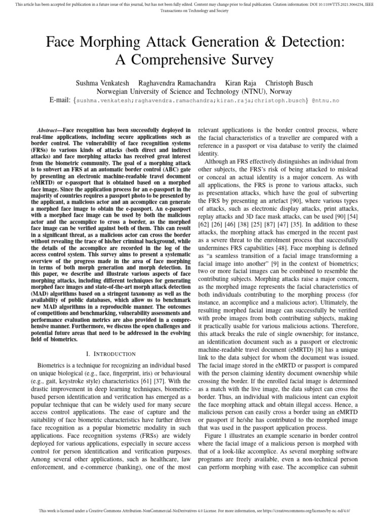 Face Morphing Attack Generation and Detection - A Comprehensive Survey | PDF | Biometrics ...
