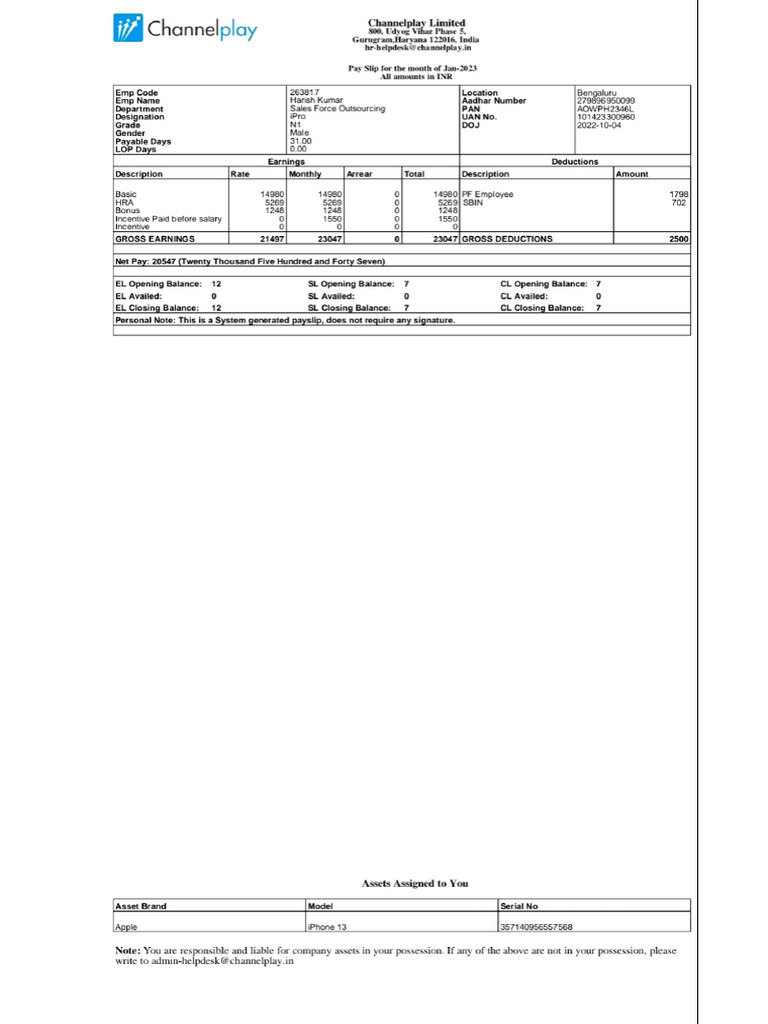 Harish Kumar Salary Slip | PDF