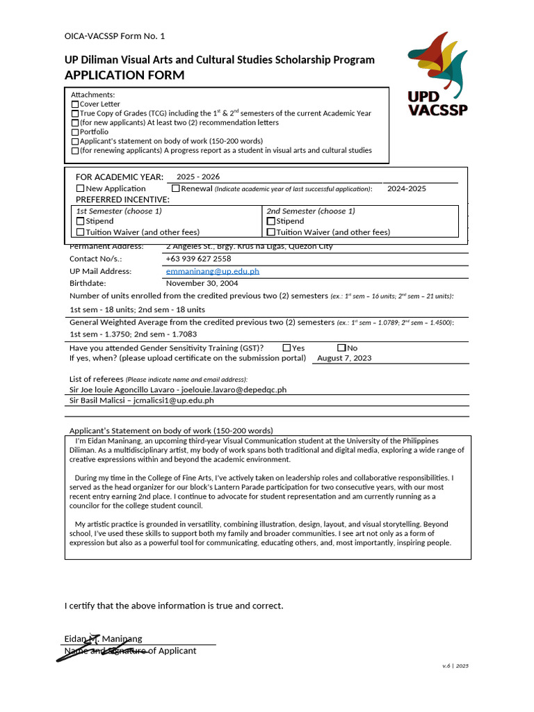 Maninang Oica Vacssp Form No. 1 Application Form v.6 2025 | PDF | Higher Education | Educational ...