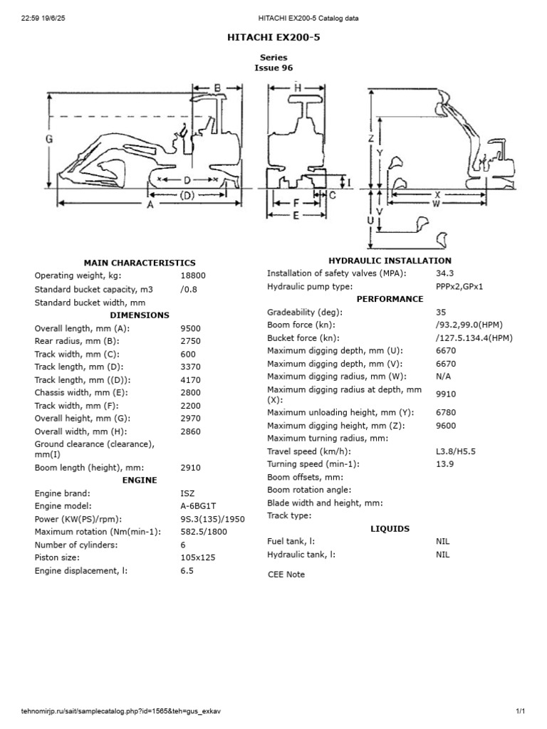 HITACHI EX200-5 Catalog Data | PDF | Engines | Vehicles