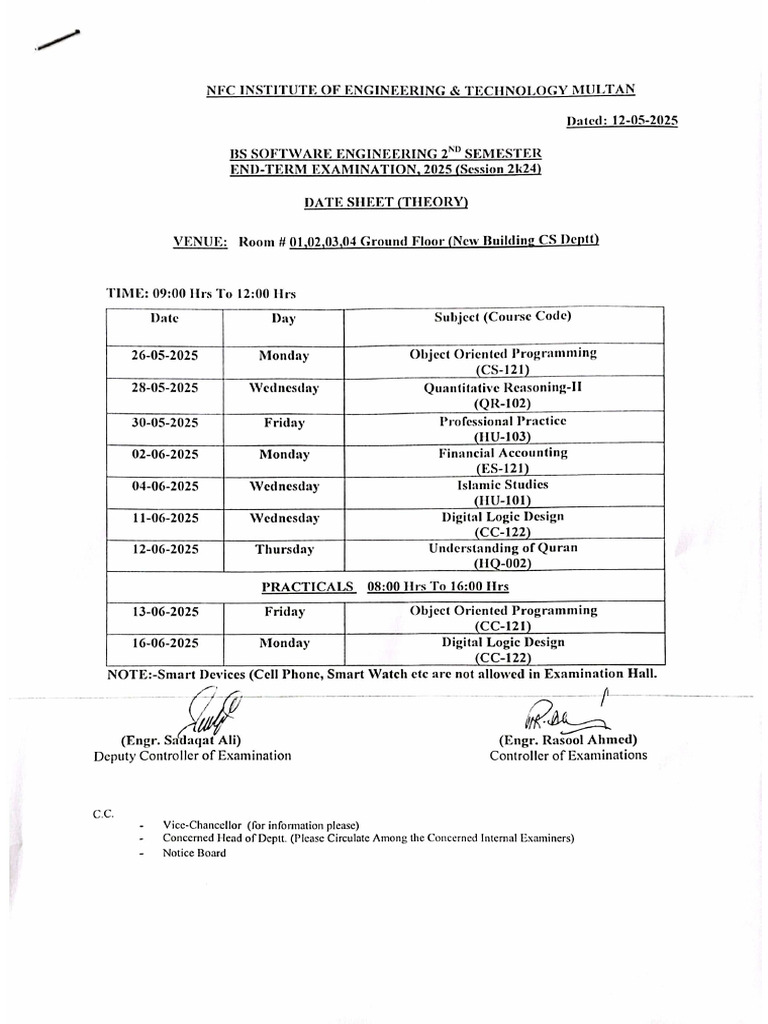 Exam Date Sheet All Semesters | PDF