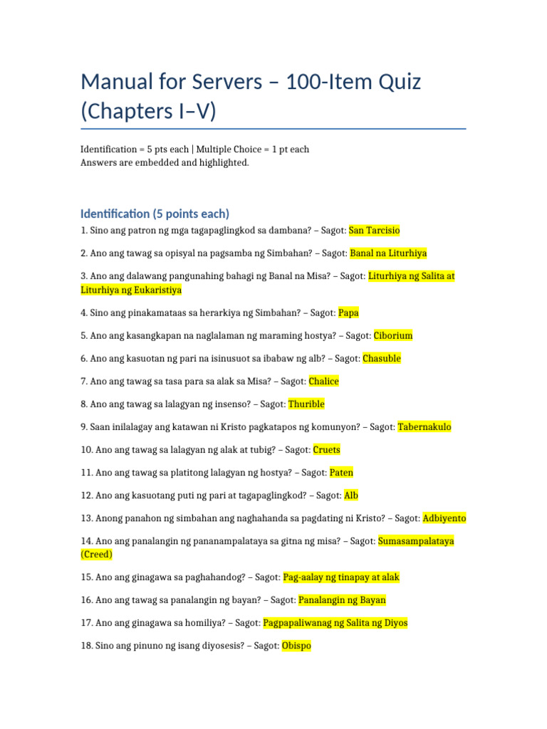 Manual For Servers 100 Items Quiz With Answers | PDF | Chess Theory ...