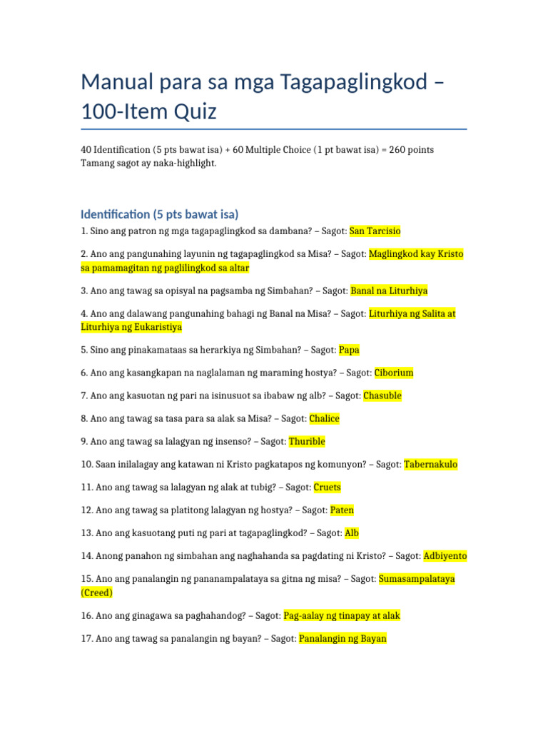 Manual For Servers 100 Item Quiz Tagalog With Answers | PDF