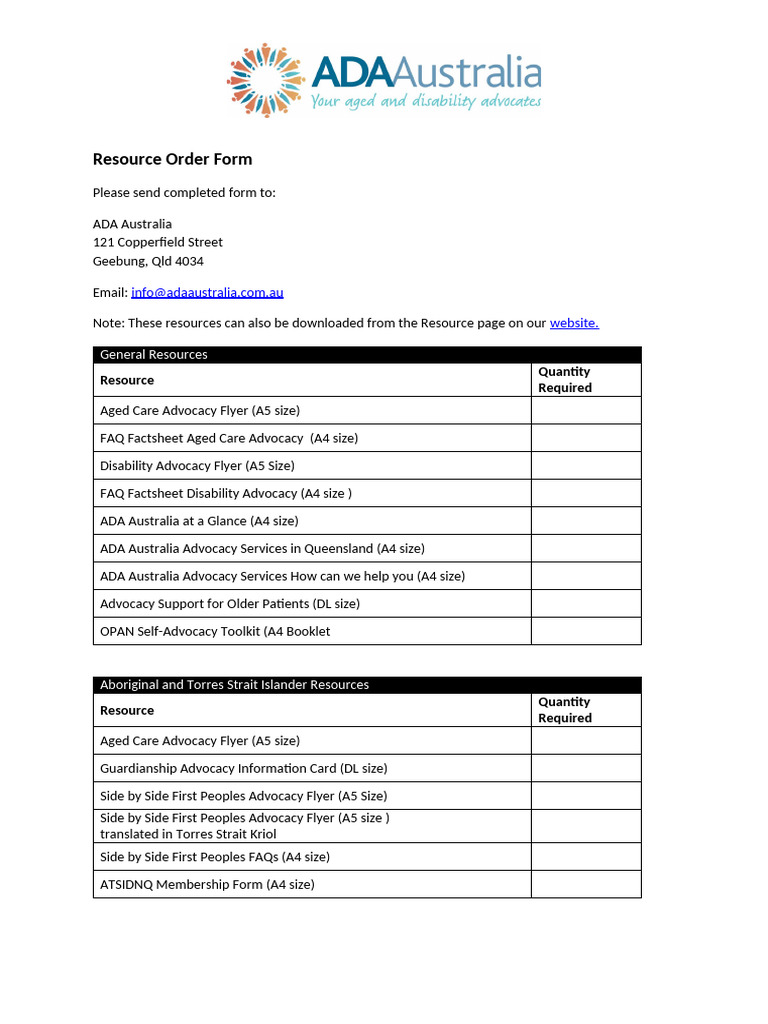 ADA Australia Resource Order Form | PDF
