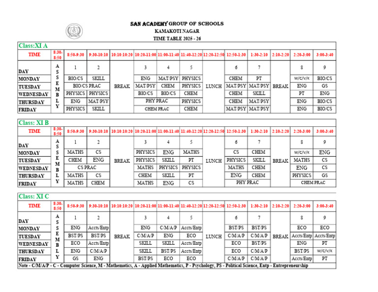 Class 11 Time Table 2026 | PDF