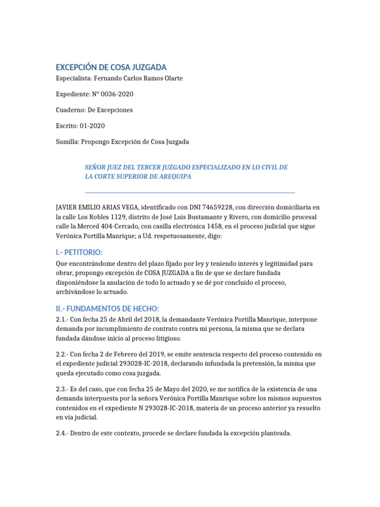 Excepcion de Cosa Juzgada | PDF | Demanda judicial | Res Judicata