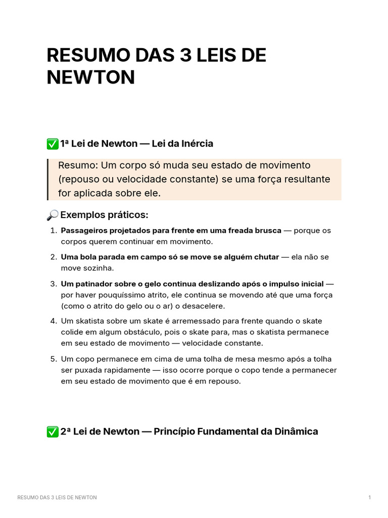 Resumo das Três Leis de Newton | PDF | Leis do Movimento de Newton | Força