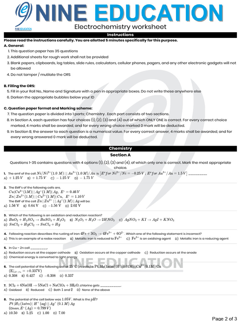 Electrochemistry Worksheet | PDF | Redox | Anode