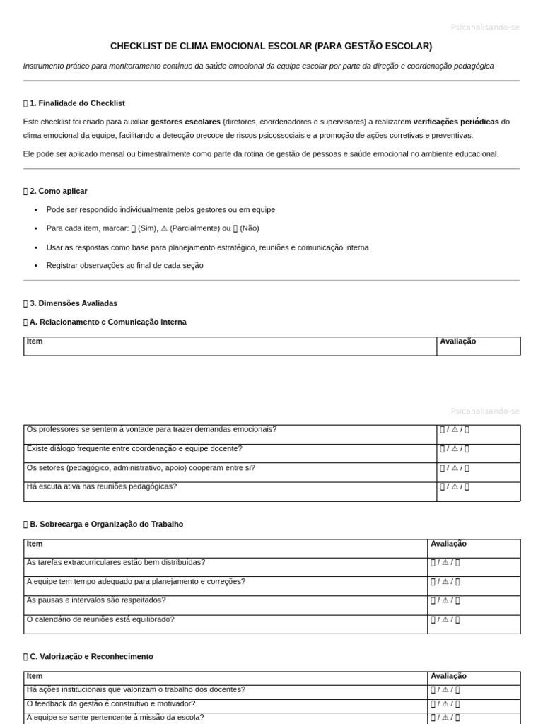 Checklist de Clima Emocional Escolar (Para Gestão Escolar) | PDF ...