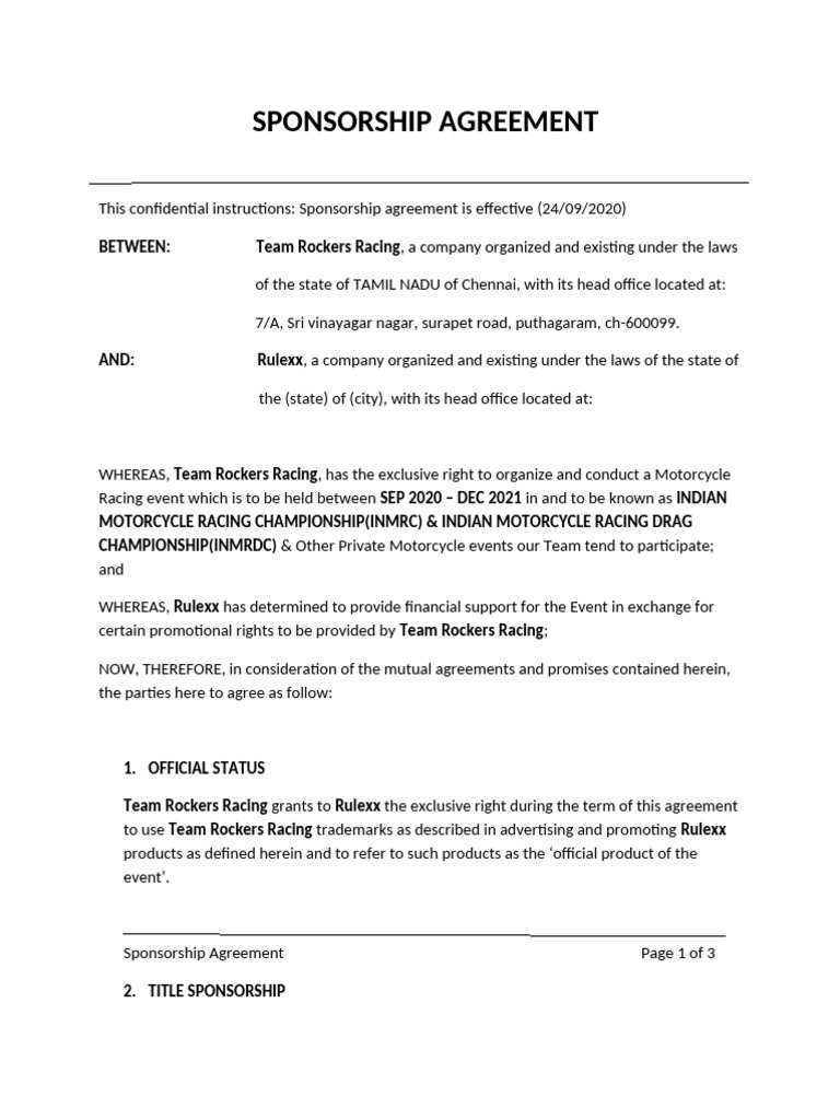 Sponsorship Agreement Sample | PDF