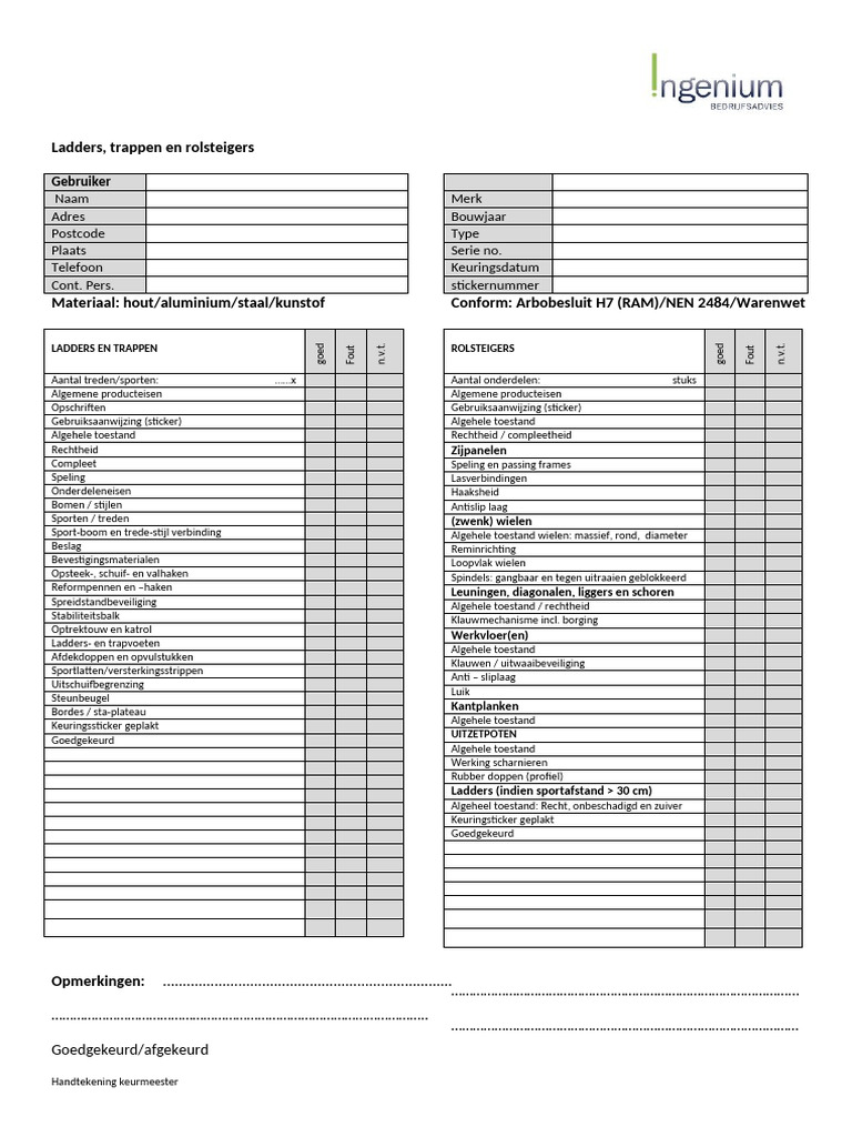 Ladders Trappen en Rolsteiger Checklist Ingenium | PDF