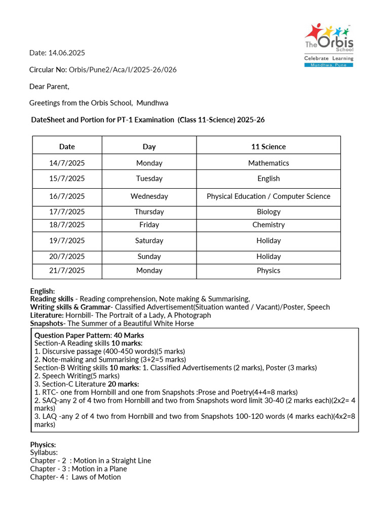 Circular No 026 - Class 11 Science PT1-Datesheet, Syllabus and Paper ...