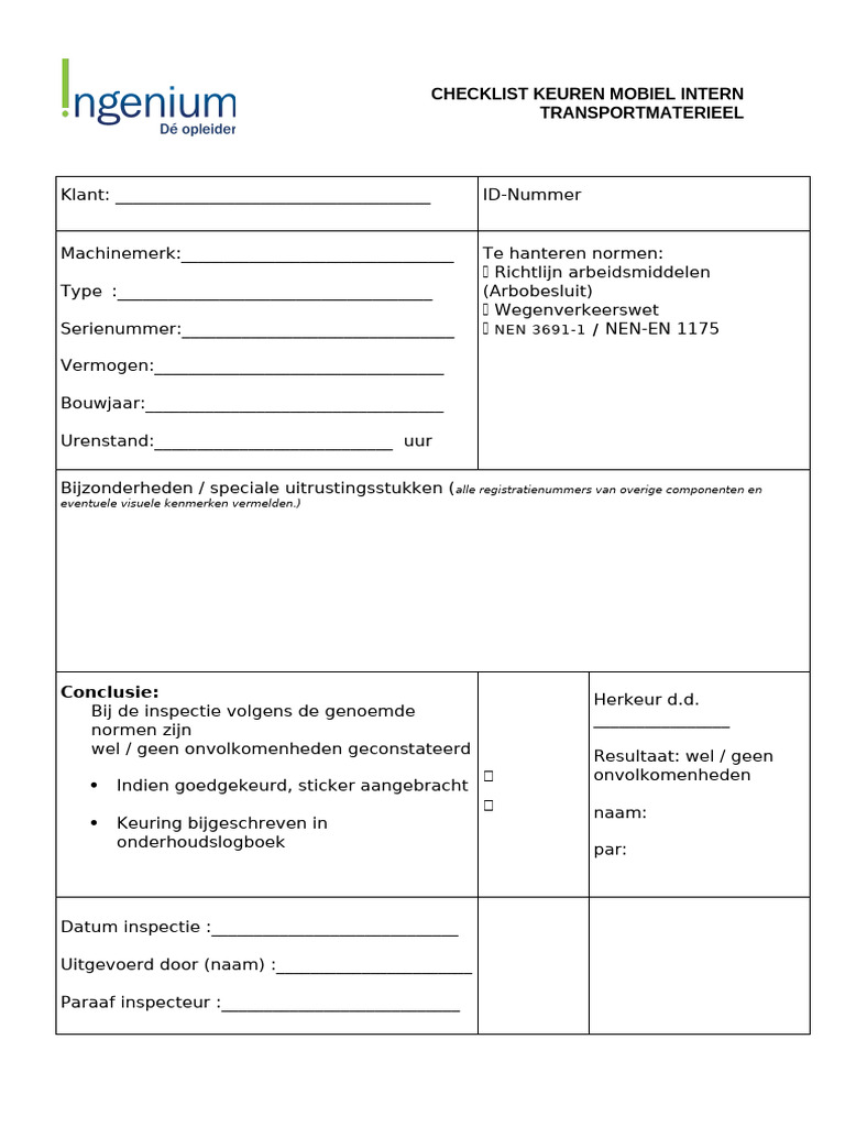 Checklist Heftrucks Ingenium de Opleider | PDF