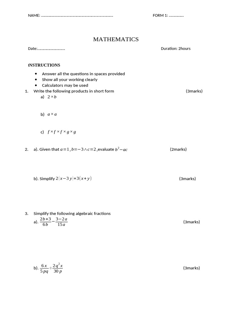 Form 1 Mathematics Exam Questions | PDF | Chess | Mathematics