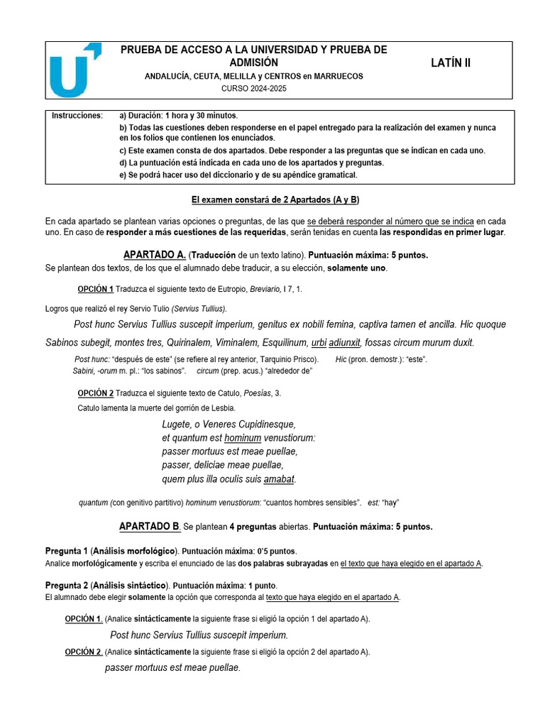 Examen de Latín II: Acceso Universitario 2024-2025 | PDF | Lingüística