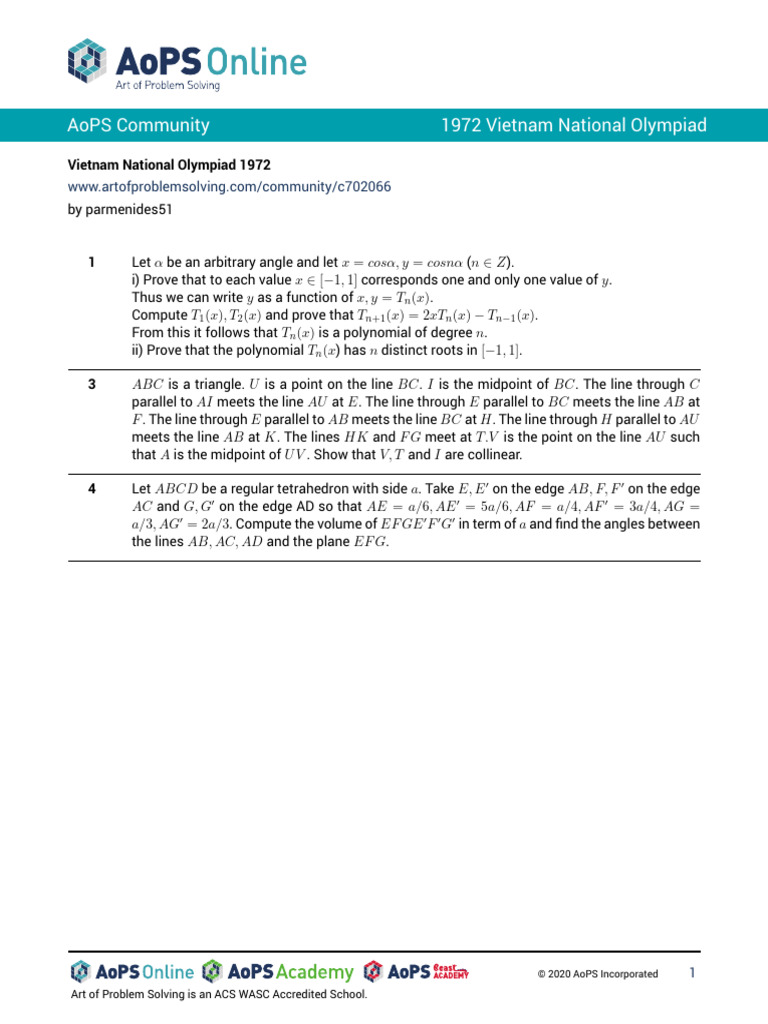 Aops Community 1972 Vietnam National Olympiad | PDF