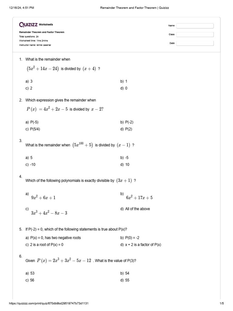 Math 10 - st2 - Remainder Theorem and Factor Theorem - Quizizz | PDF | Factorization | Division ...