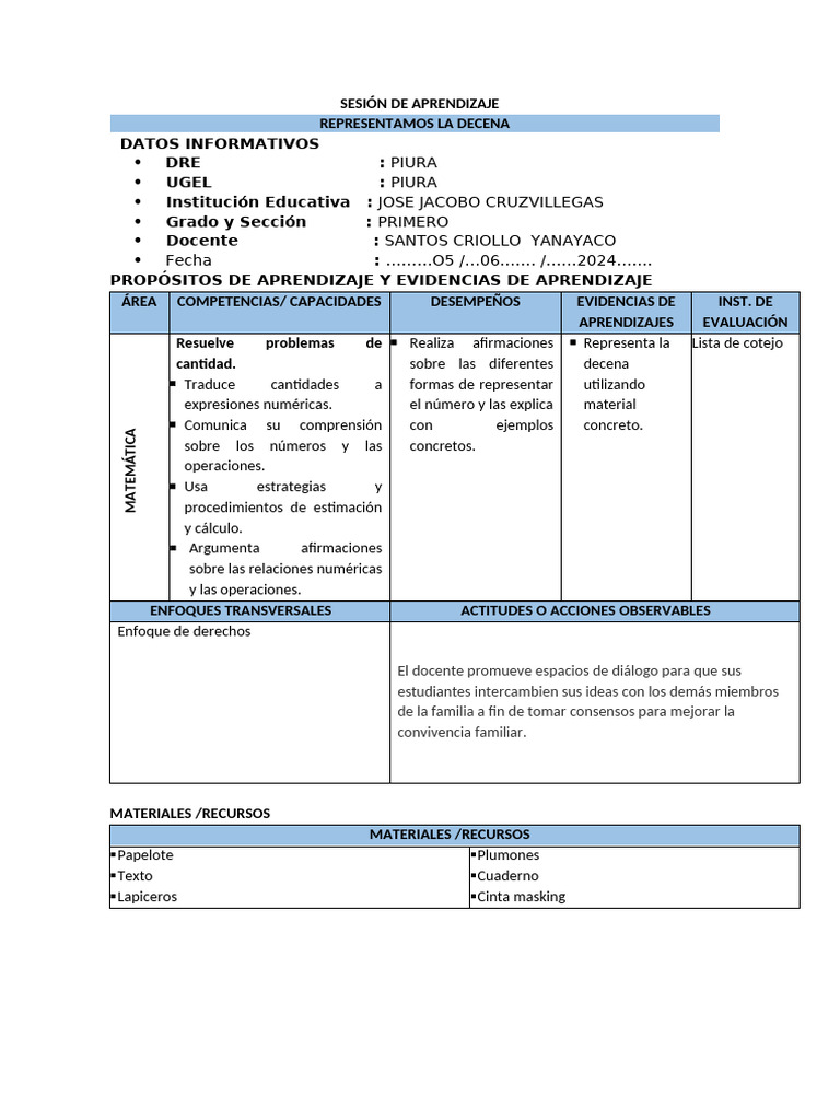 Sesion Representamos La Decena | PDF | Aprendizaje | Cognición