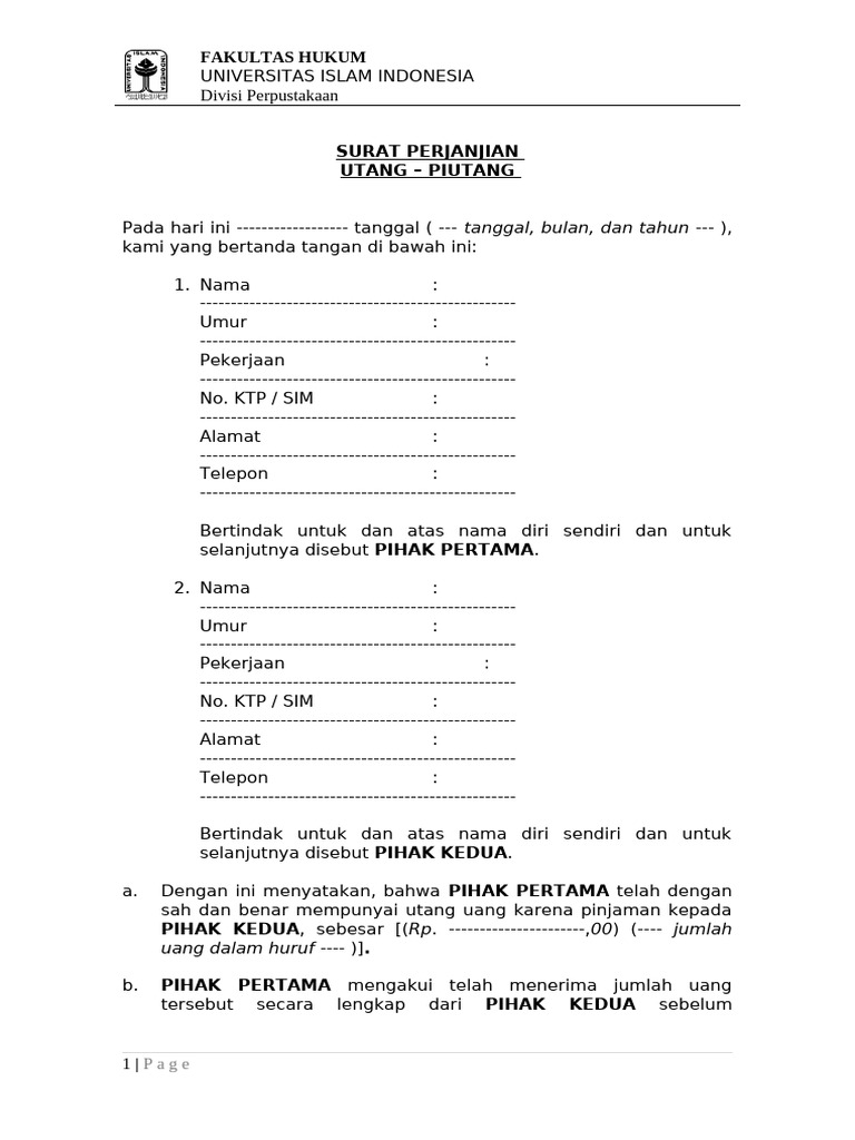 Surat Perjanjian Utang-Piutang Resmi | PDF
