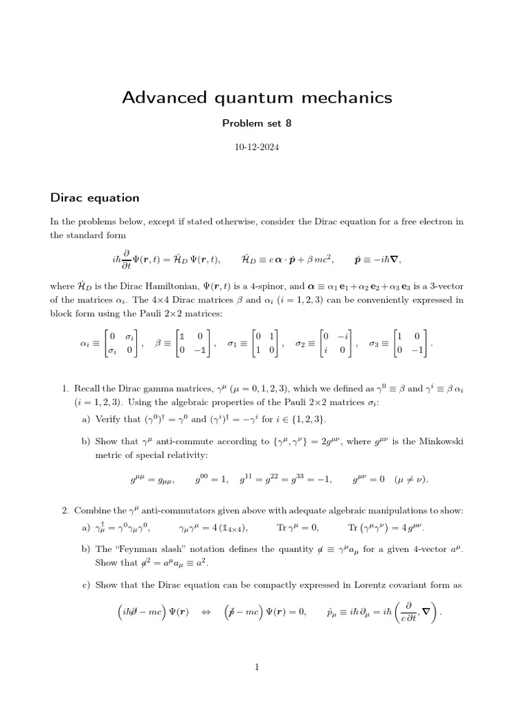 Problems 08 - Dirac Equation | PDF | Eigenvalues And Eigenvectors | Spin (Physics)