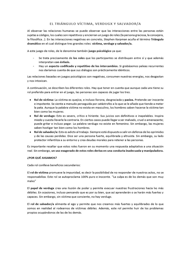 Triángulo: Víctima, Verdugo y Salvador/a | PDF | Las emociones ...