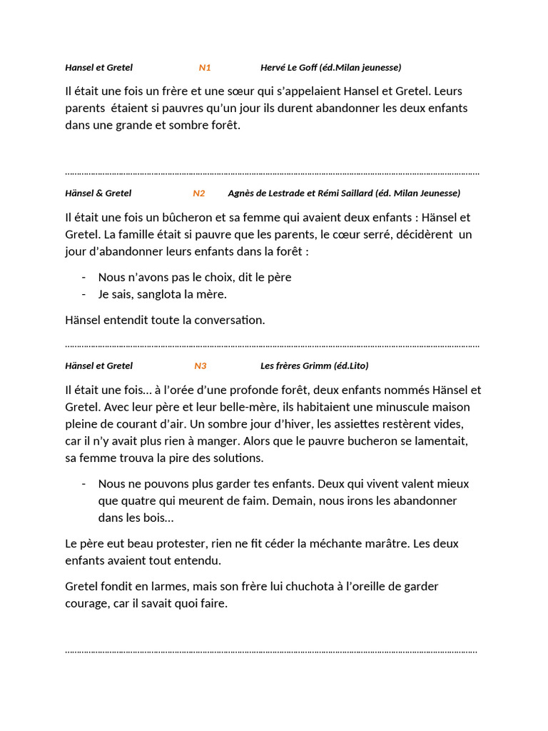 Résumé de Hansel et Gretel | PDF | Hansel et Gretel