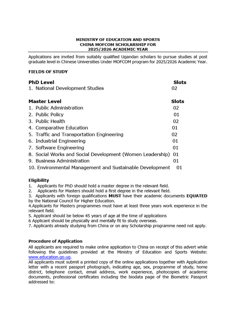 Advert For China Mofcom Scholarship For Ay 2025 2026 1 | PDF | Doctor ...