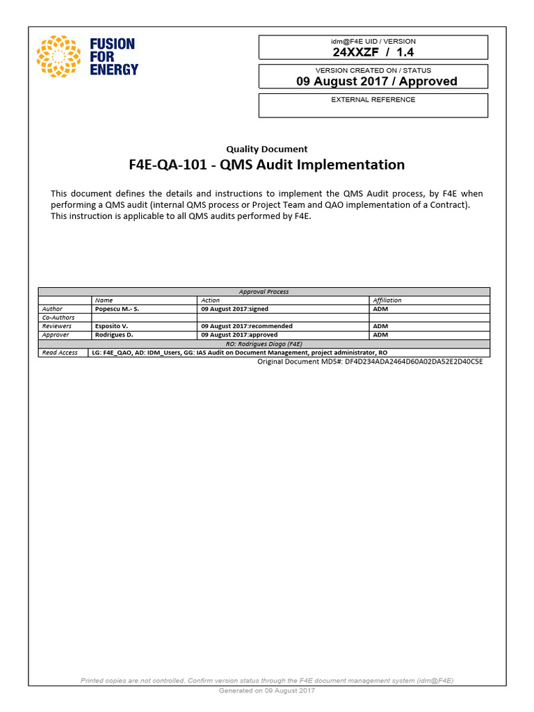 F4E-QA-101 - QMS Audit Implementation 24XXZF | PDF | Audit | Quality Management System