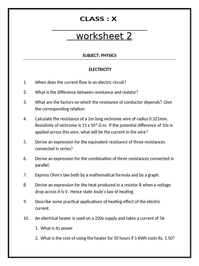 CBSE Class 10 Physics Worksheet 2 Electricity | PDF