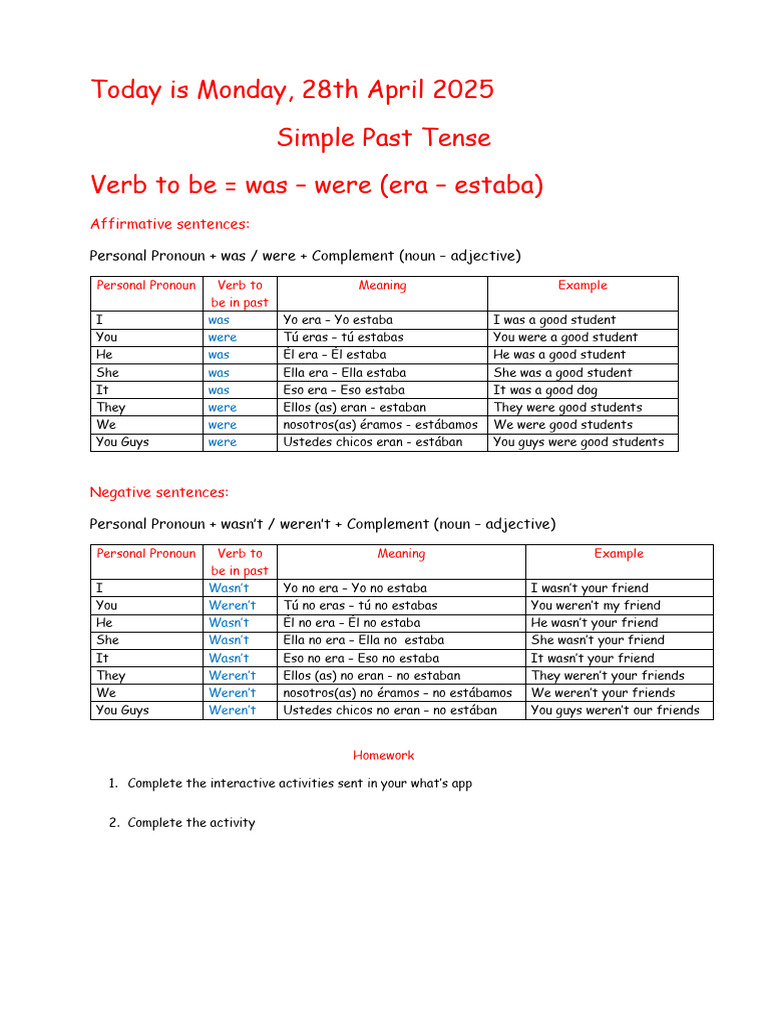 LESSON 22. APRIL 28TH Simple Past Tense To Be Afiirmative and Negative ...