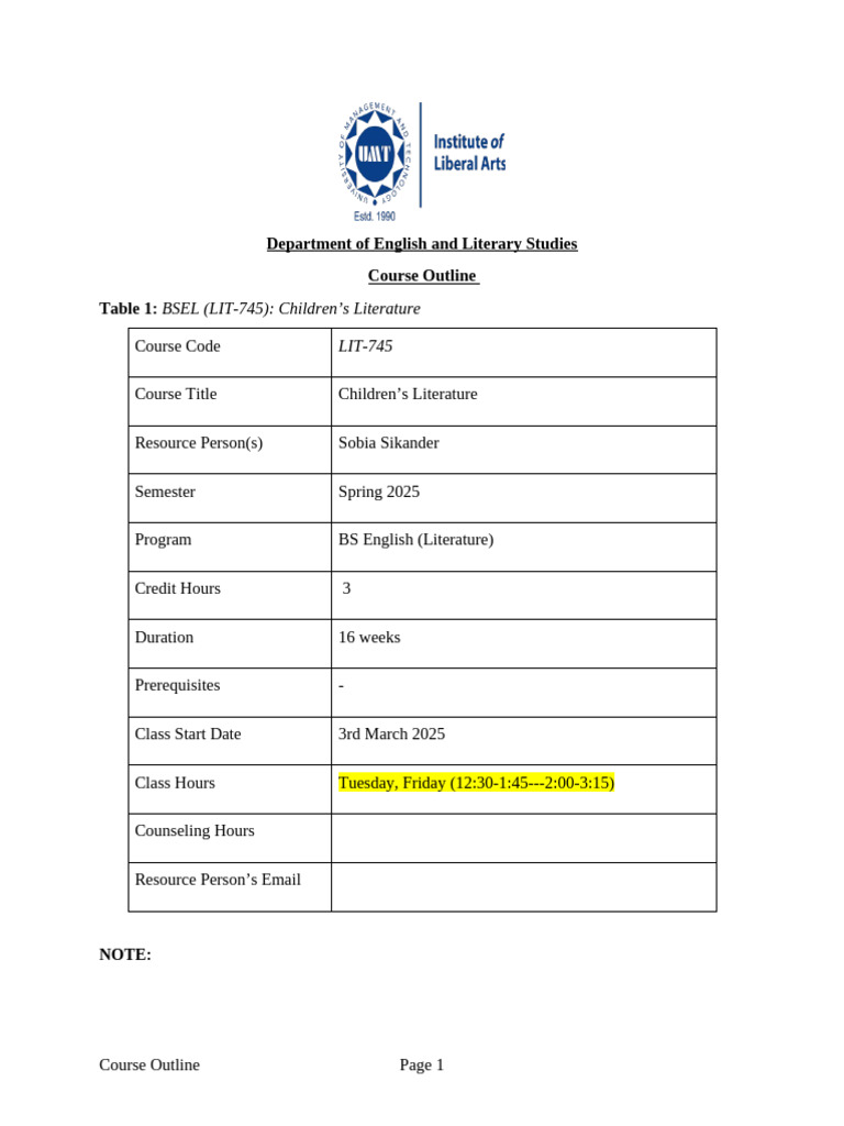 Children’s Literature Course Outline LIT-745 | PDF | Children's ...