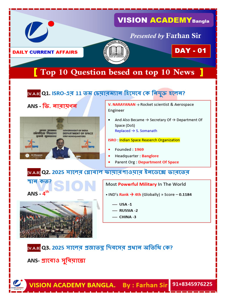 Day - 01 Current Affairs Group C & D 2025 | PDF