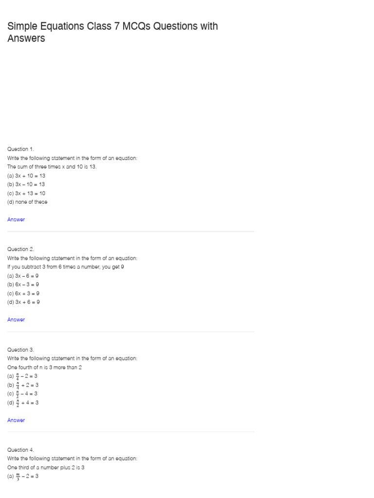 MCQ Chapter 4 Simple Equations | PDF | Mathematics | Elementary Mathematics