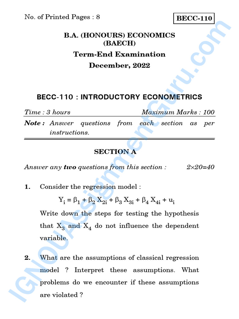 Dec - 2022 BECC-110 | PDF | Multicollinearity | Regression Analysis