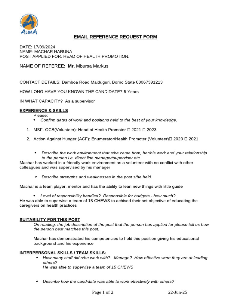 Reference Form-Alima - Machar Haruna | PDF | Behavioural Sciences | Social Psychology