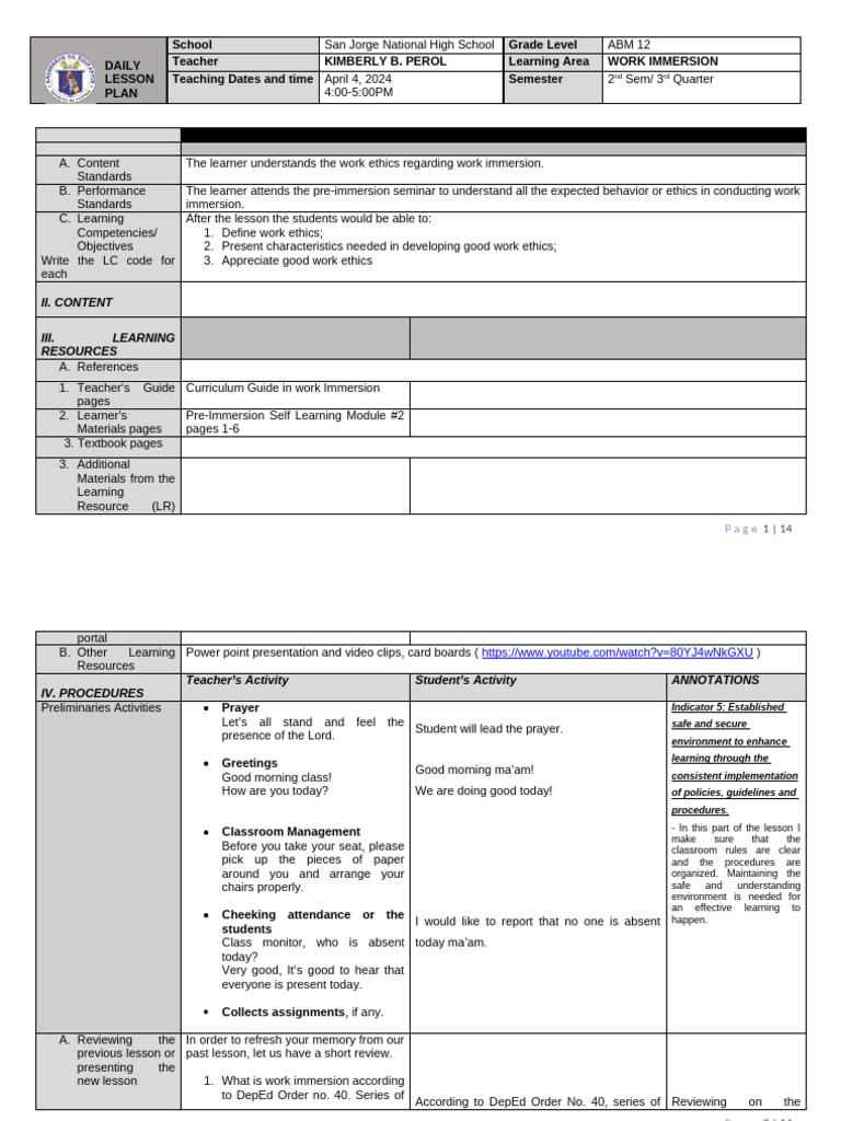 Detailed Lesson Plan - Work Immersion (Ethics) | PDF | Learning | Teachers