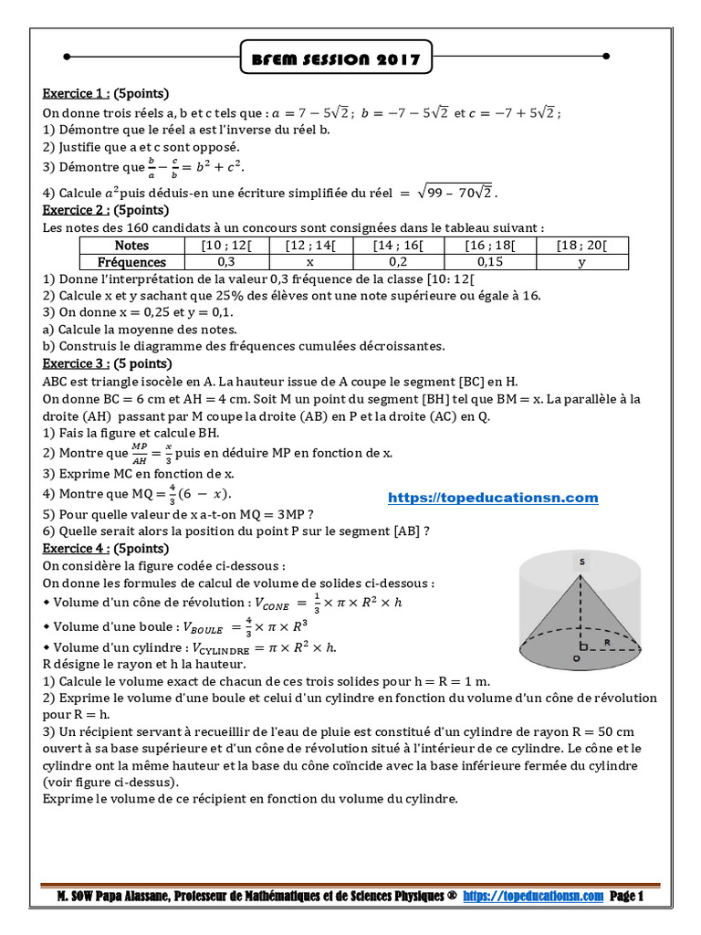 Exercices de Mathématiques et Statistiques | PDF | Le volume | Cercle