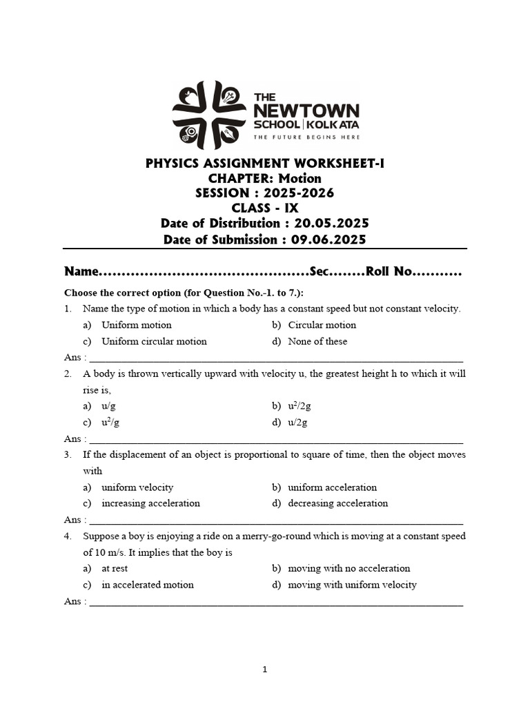 Physics Assignment Worksheet I Motion IX 25 26 F | PDF | Velocity | Acceleration
