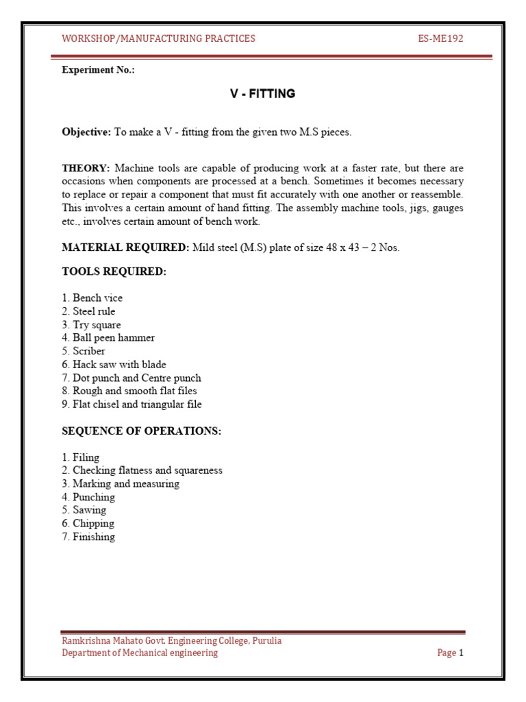 V-Fitting Workshop Experiment Guide | PDF | Machine Tool | Tools