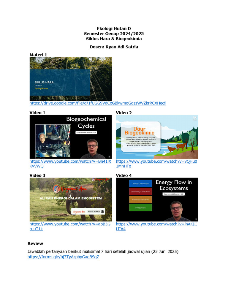Ekologi Hutan D Semester Genap 2024/2025 Siklus Hara & Biogeokimia Dosen: Ryan Adi Satria Materi ...